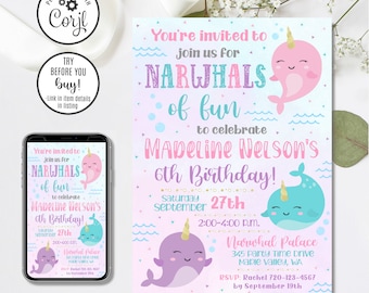 Editable Narwhal Invitation, Narwhal Birthday Invitation, Narwhals of ...