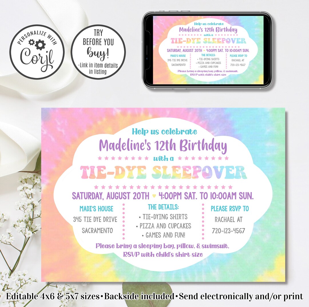 Editable Tie Dye Invitation, Tie Dye Birthday Invitation, 4x6 & 5x7 - Etsy