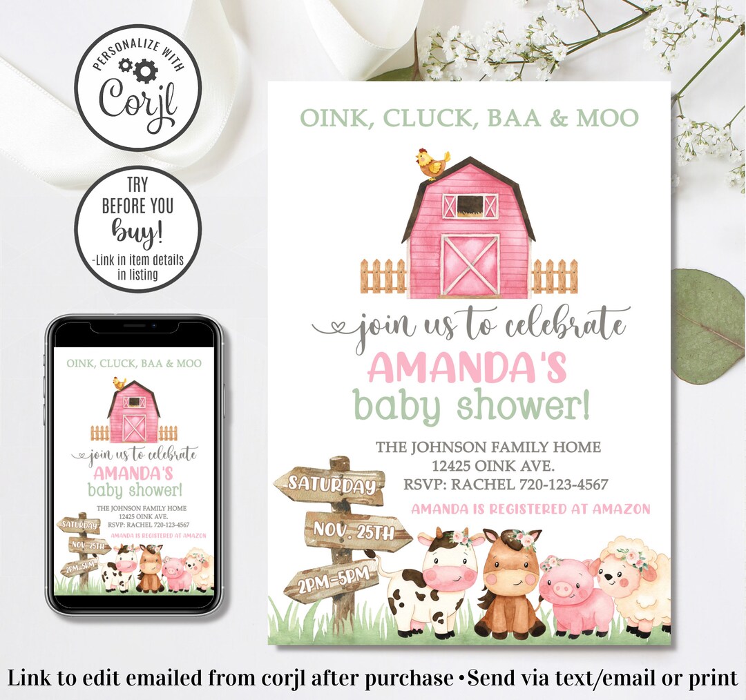 Editable Girl Farm Baby Shower, Girl Barnyard Baby Shower Invitation ...