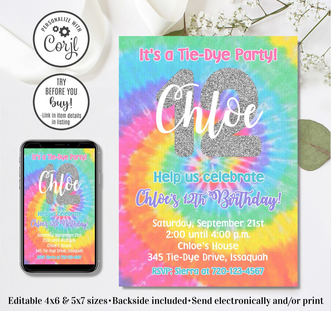 Editable Tie Dye Invitation Tie Dye Birthday Invitation Teen - Etsy