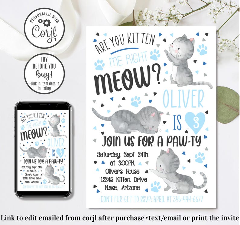 Editable Boy Kitten Birthday Invitation, Kitten Invitation, Are You ...