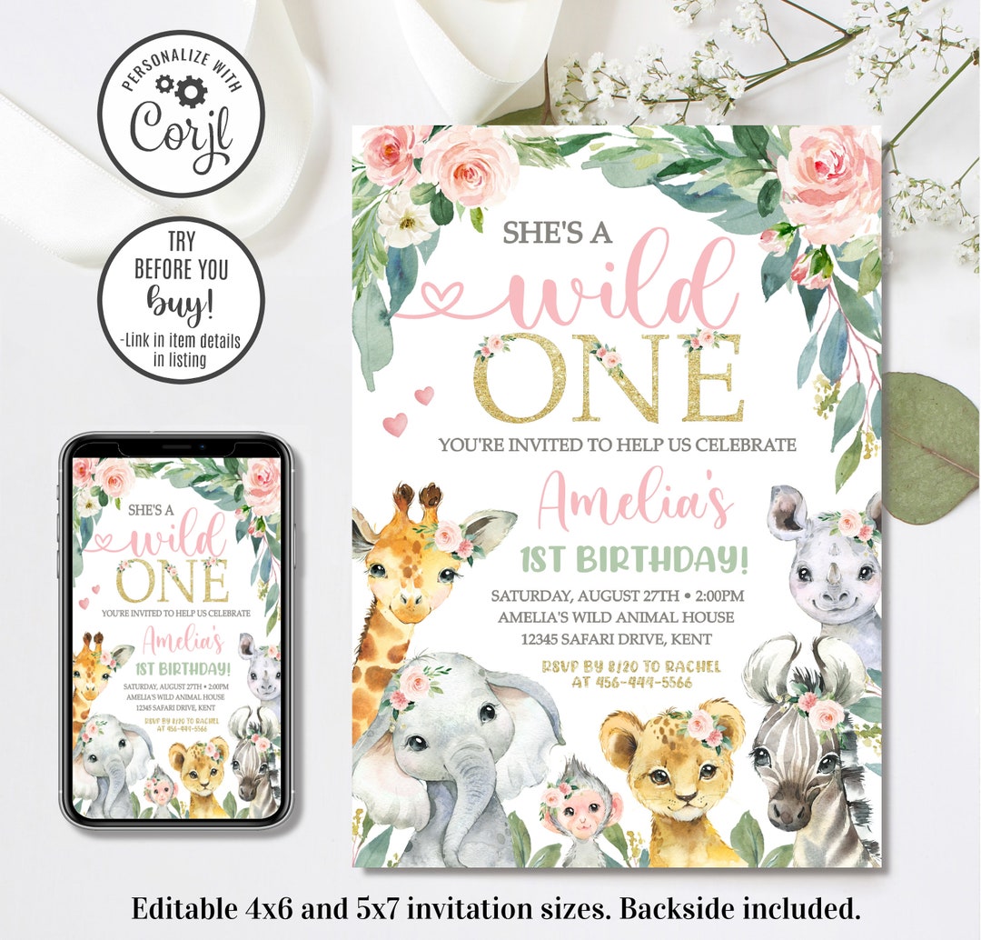 Editable Safari Birthday Invitation, Girl Wild One Invitation, Jungle ...