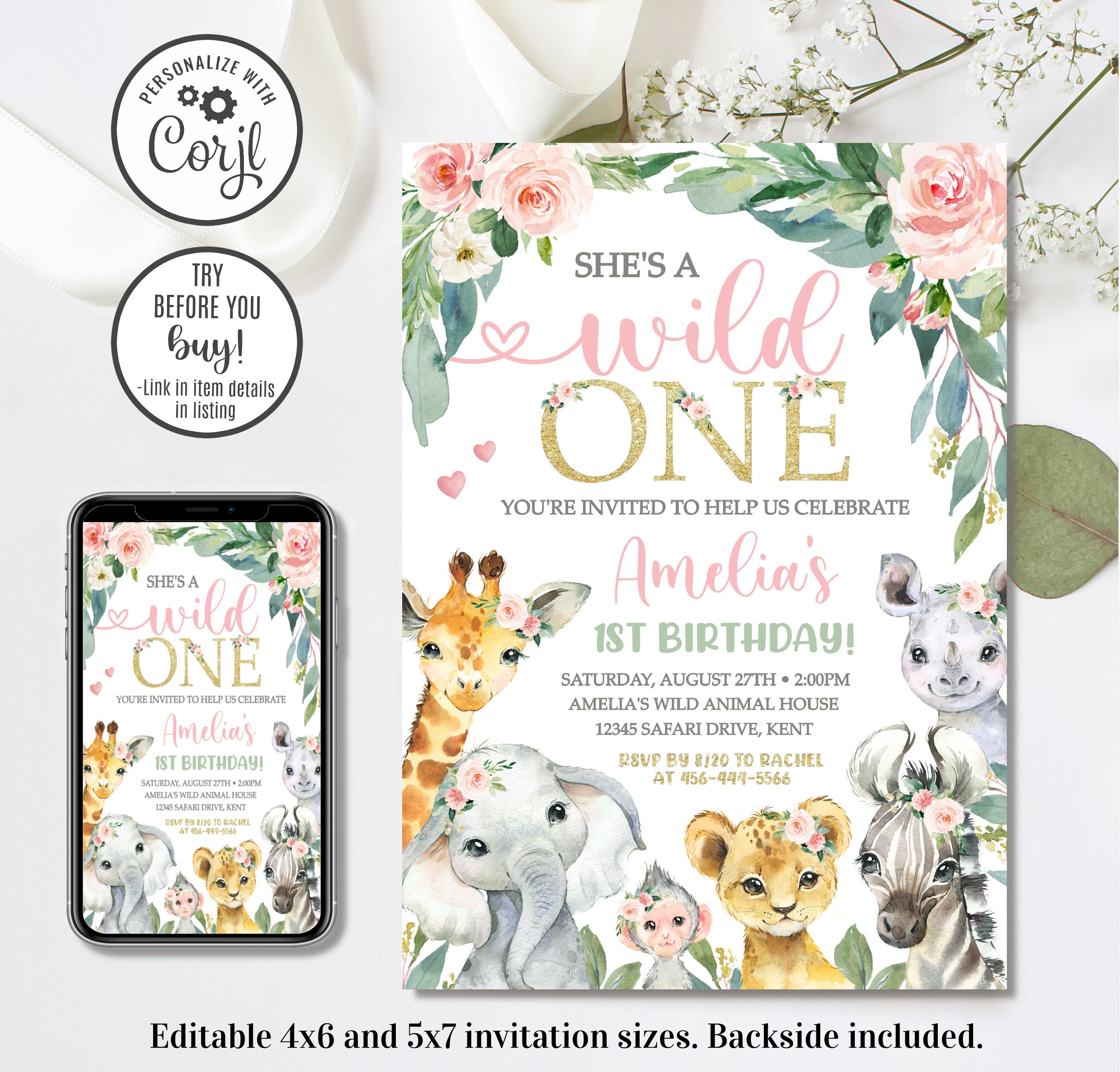 EDITABLE Safari Birthday Invitation Girl Wild One 1st 