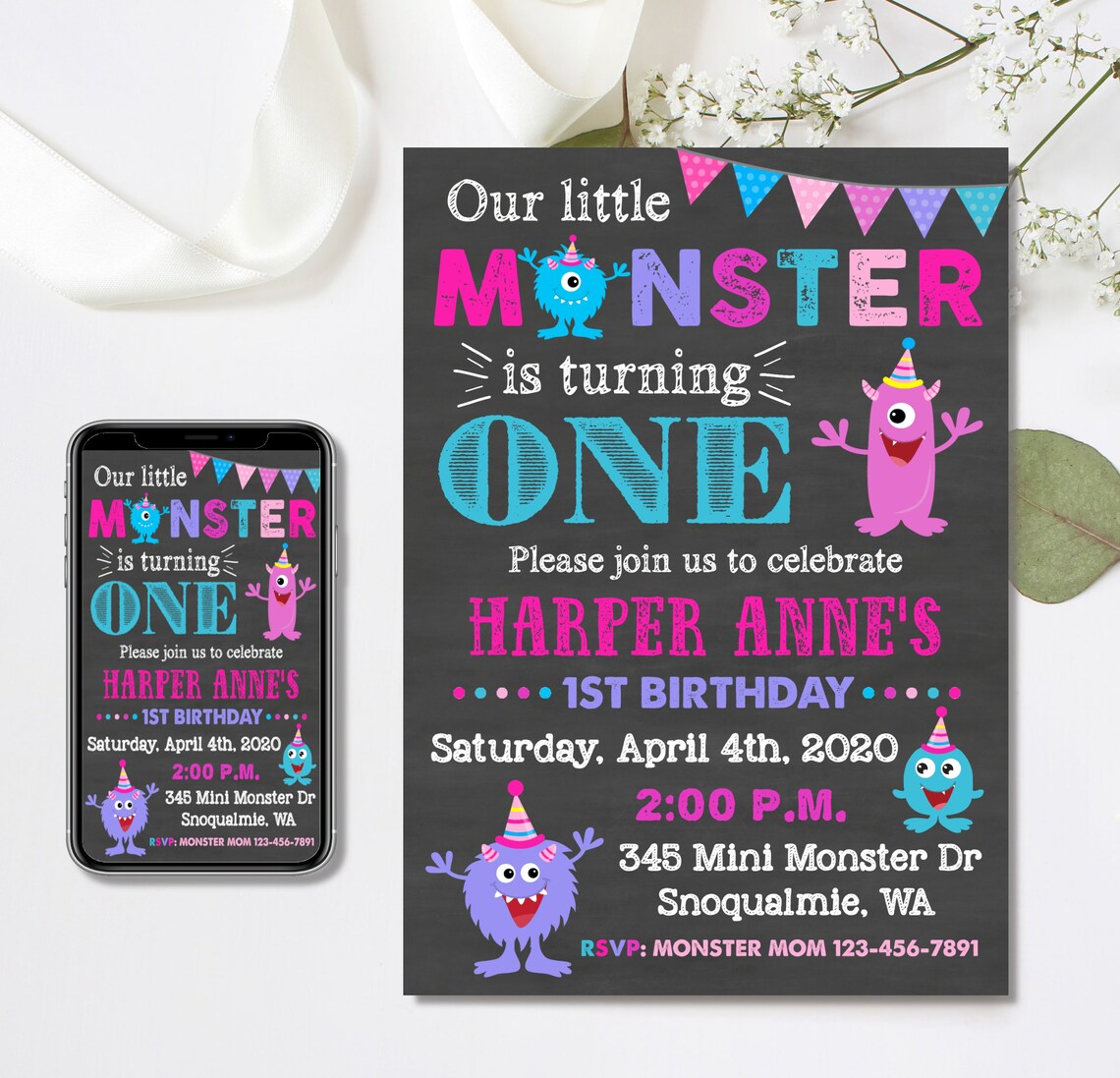 Editable Girl Monster Invitation Monster Birthday Invitation | Etsy