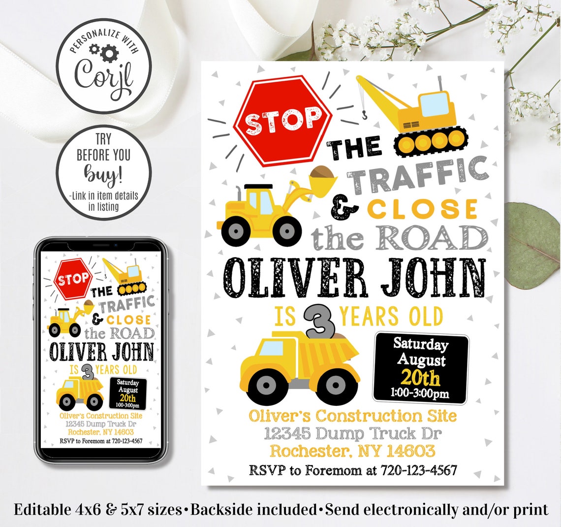 Editable Construction Invitation Construction Birthday - Etsy