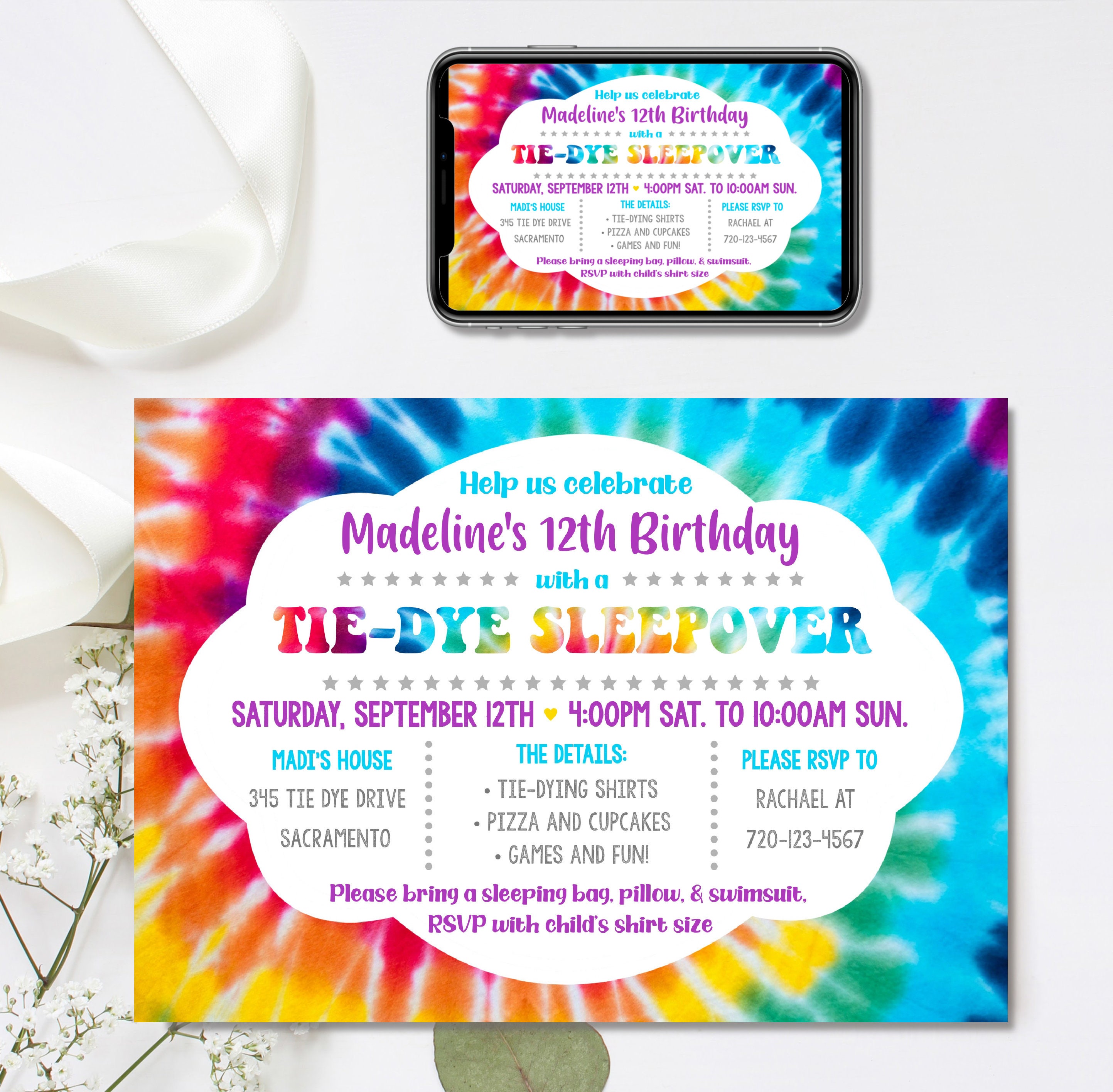 Editable Tie Dye Sleepover Invitation Tie Dye Birthday - Etsy