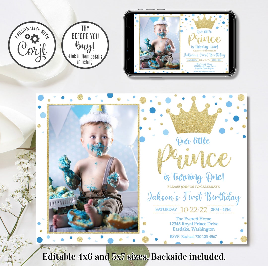 Editable Prince Birthday Invitation, Boy 1st Birthday Invitation ...