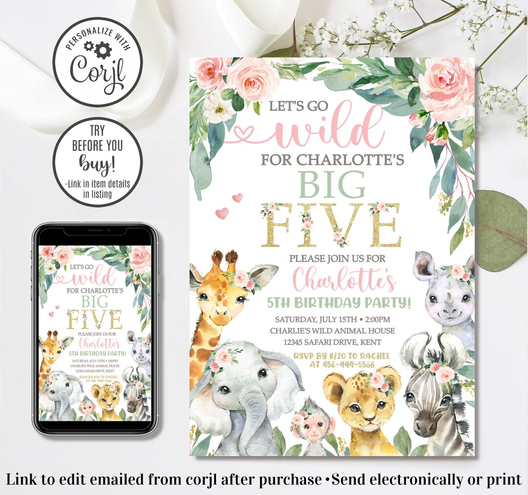 Editable Safari 5th Birthday Invitation, Let's Go Wild Invitation ...