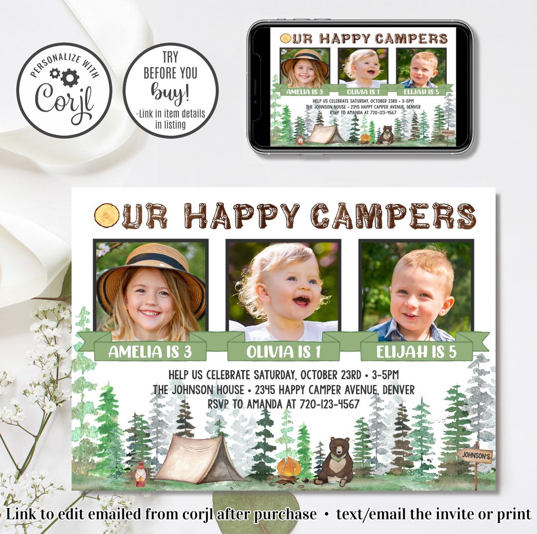 Editable Happy Camper Invitation, Joint Birthday Party, Siblings ...