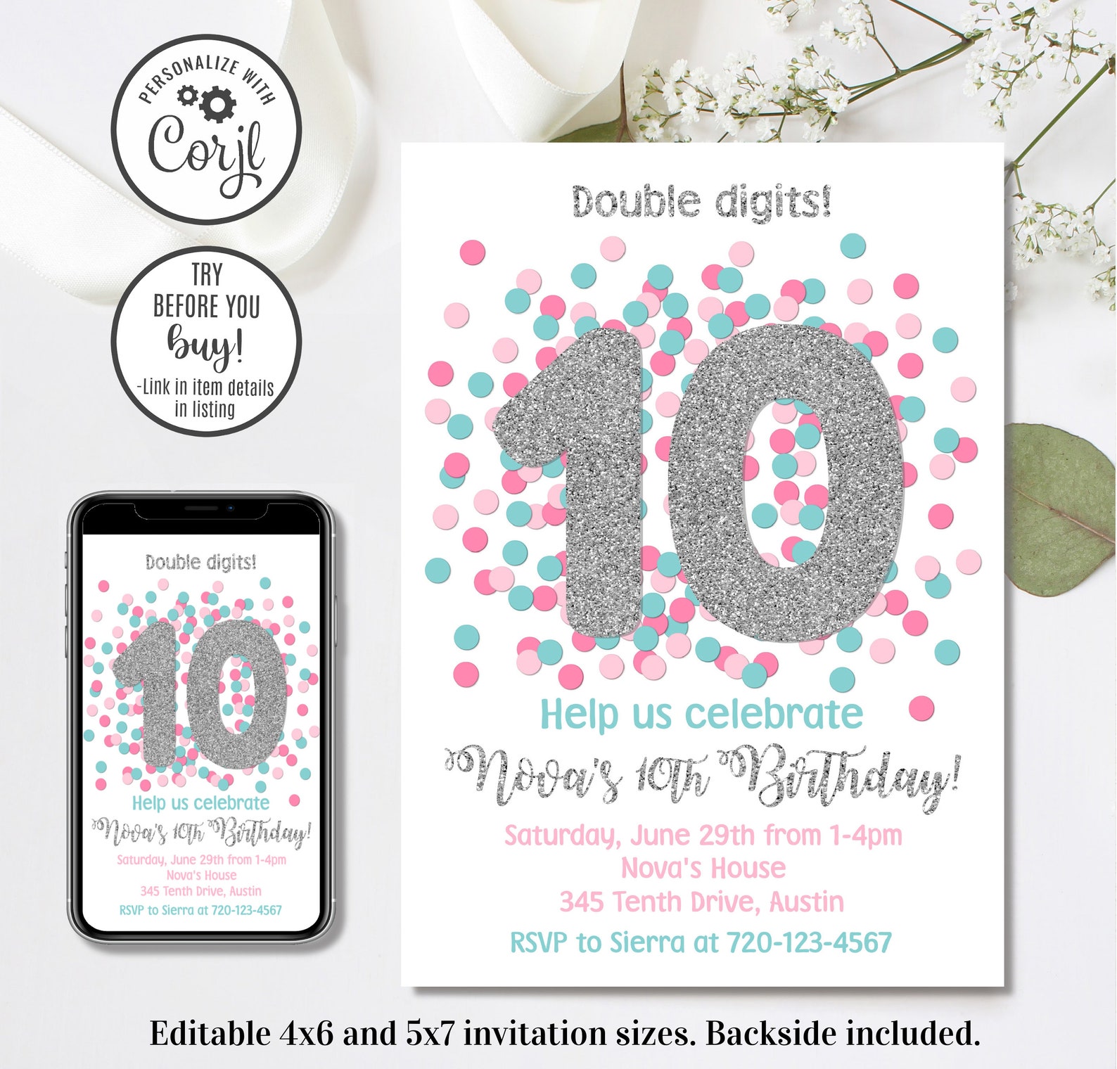 Editable 10th Birthday Invitation Double Digits Invitation - Etsy