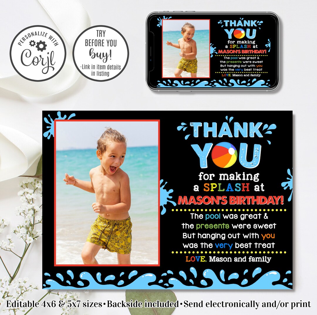 Editable Pool Party Thank You Card, Pool Party Thank You, 4x6 & 5x7 - Etsy
