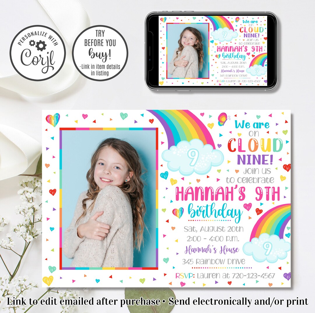 Editable Cloud 9 Invitation, 9th Birthday Invitation, Rainbow ...