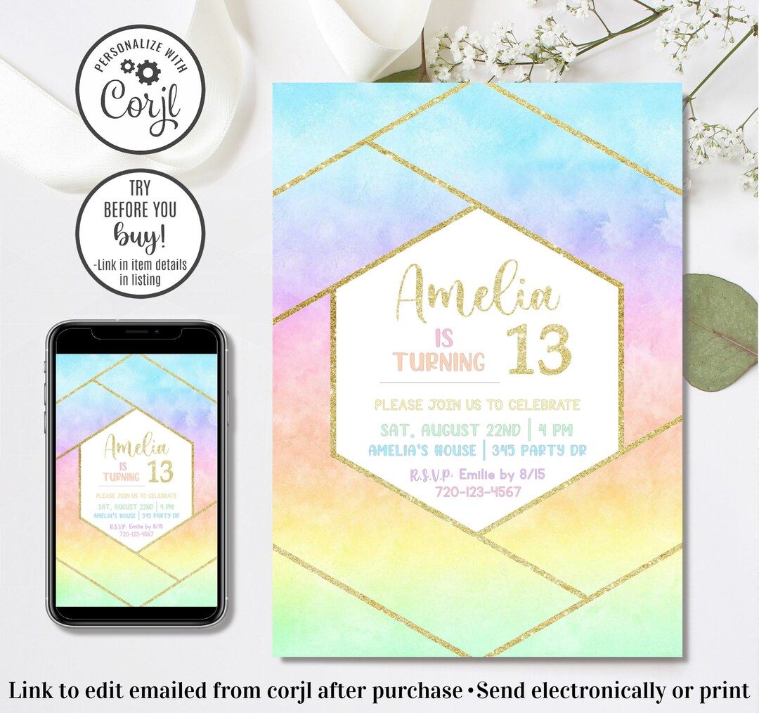 Editable Teen Birthday Invitation, Rainbow Invitation, Tie Dye ...