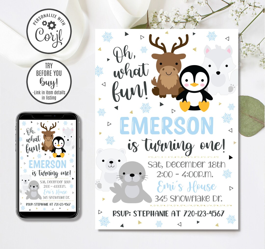 Editable Winter Animals Invitation, Winter Birthday Invitation, Winter ...
