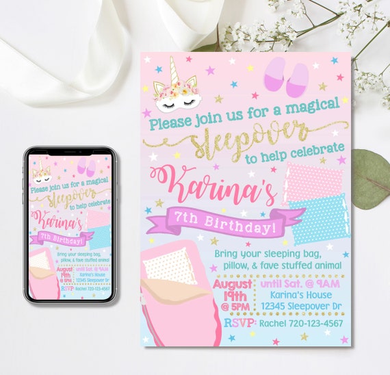 Editable Unicorn Sleepover Invitation Unicorn Sleepover Etsy