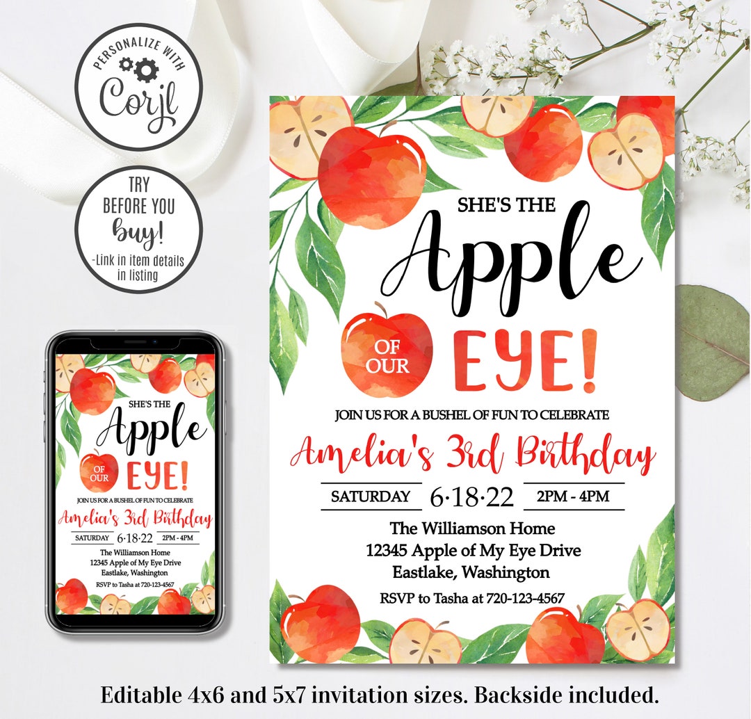 Editable Apple Birthday Invitation, Fruit Invitation, Apple of Our Eye ...