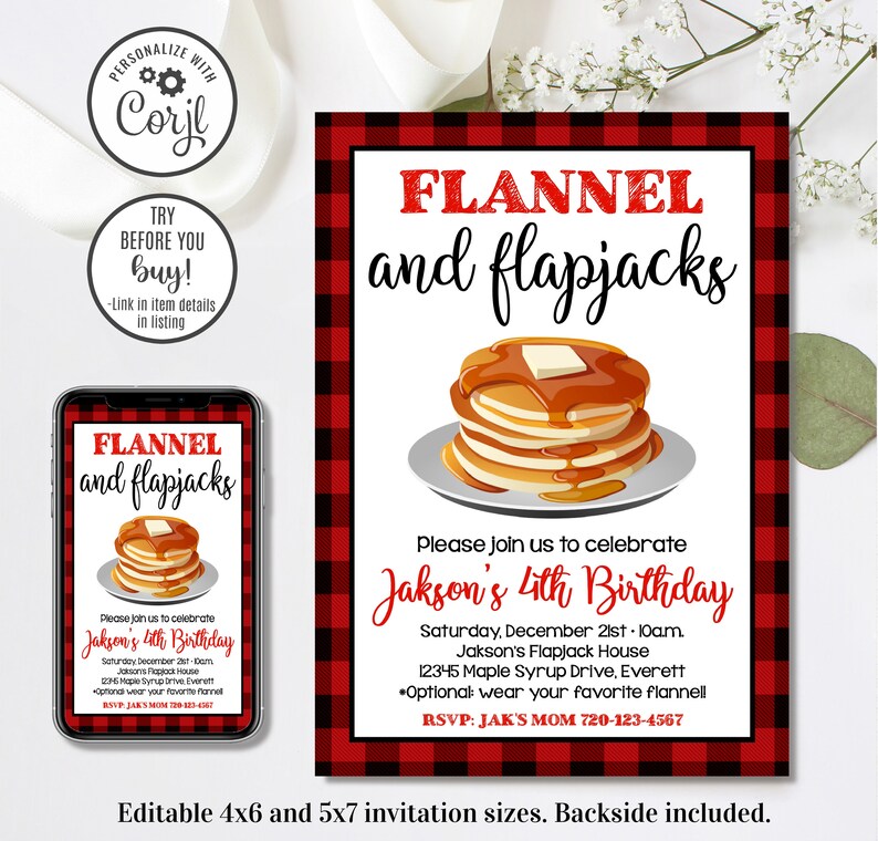 Editable Flannel and Flapjacks Invitation, Pancake Birthday Invitation ...