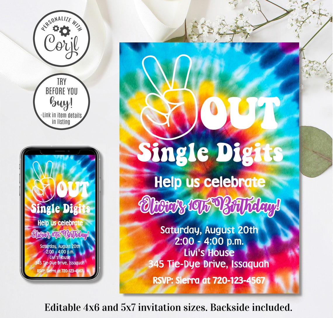Editable Peace Out Single Digits Invitation Tie Dye Birthday - Etsy