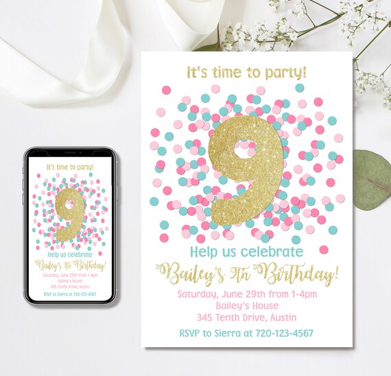 Editable 9th Birthday Invitation 9th Invitation Template | Etsy