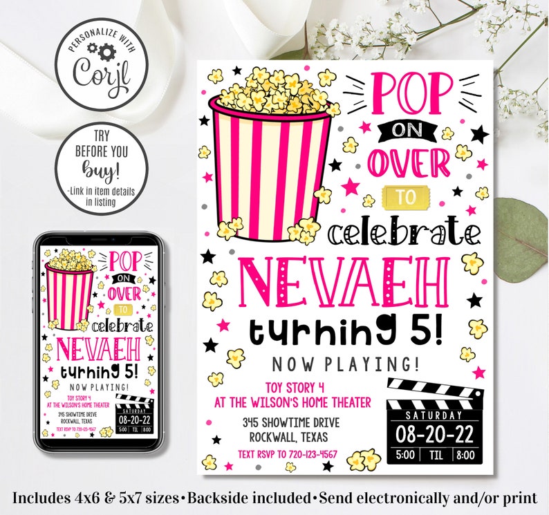 Editable Movie Birthday Invitation, Movie Invitation, Movie Theater ...