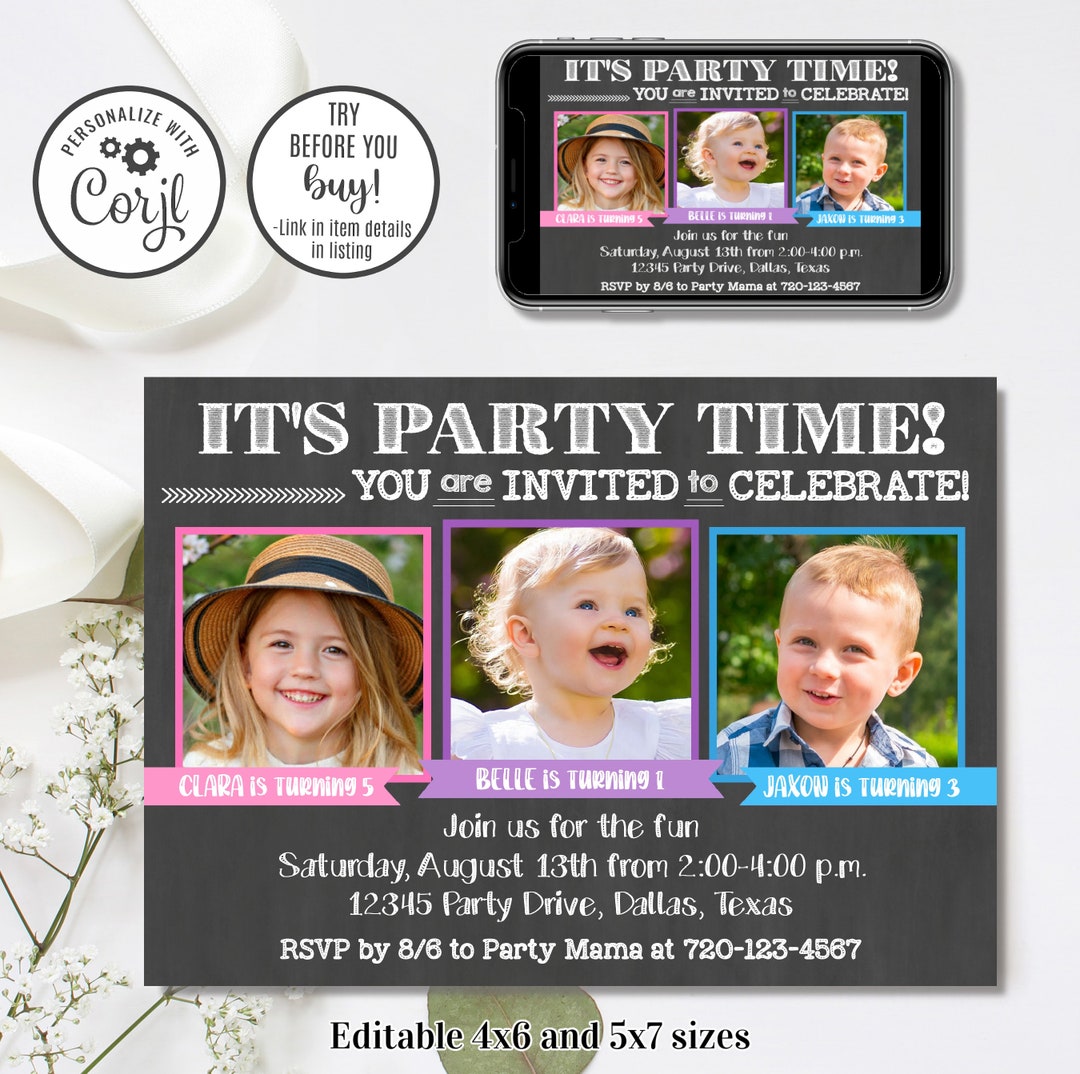 Editable Three Birthdays Invitation, Joint Birthday Invitation ...
