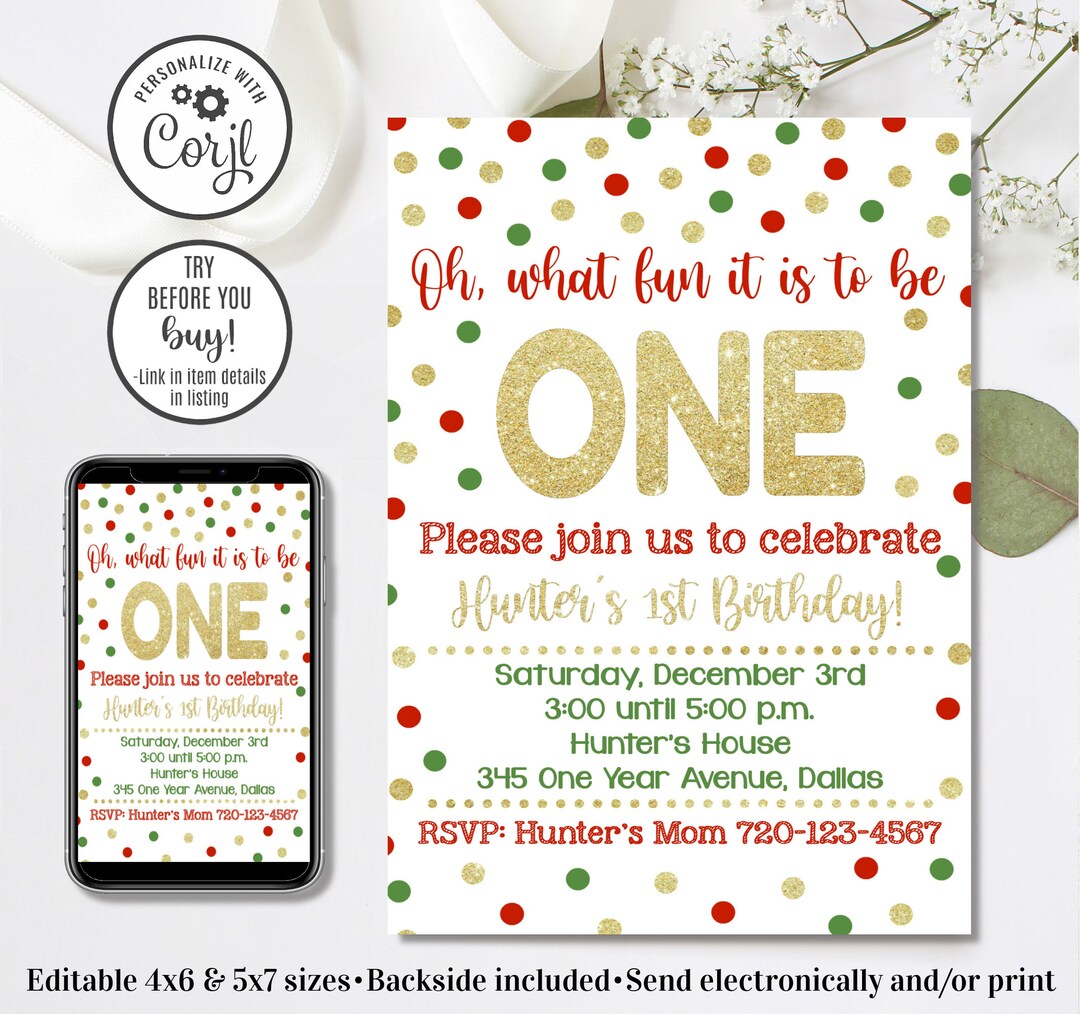 Editable Christmas 1st Birthday Invitation, Winter First Birthday, 1st ...