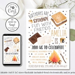 Editable Smores Birthday Invitation, S'mores Invitation, Bonfire ...