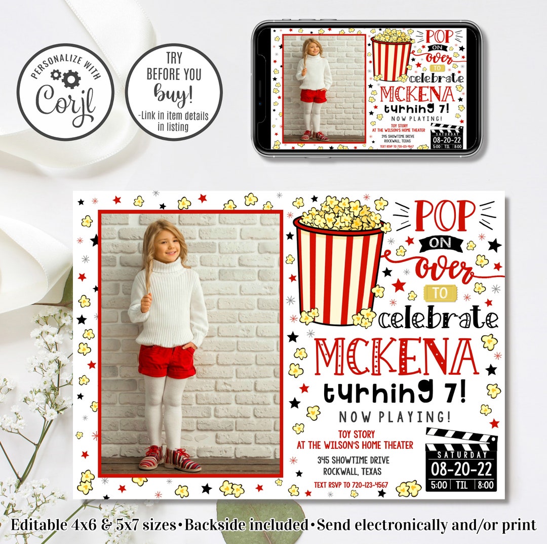 Editable Movie Invitation, Movie Birthday Invitation, Movie Theater ...