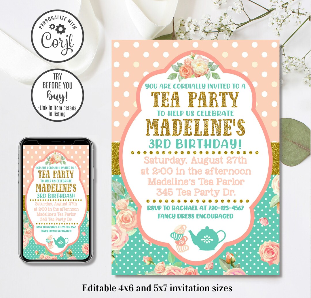 Editable Tea Party Invitation, Par-tea Invitation, Tea Party Birthday ...