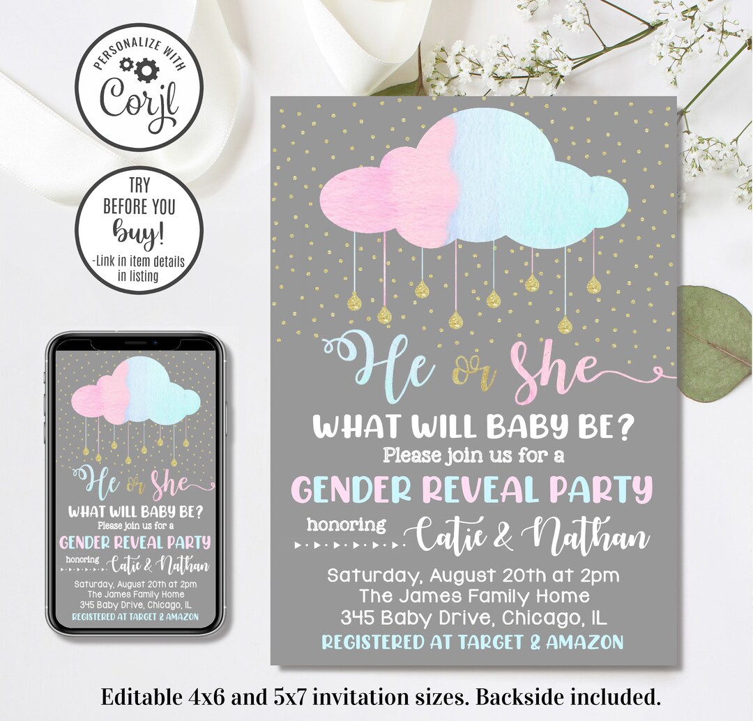 Editable Rain Cloud Gender Reveal Invitation, He or She Gender Reveal ...