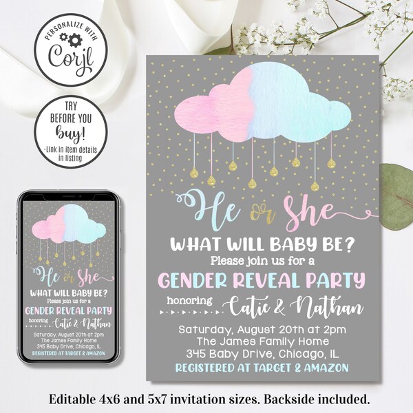 Cloud Gender Reveal Invitation - Etsy