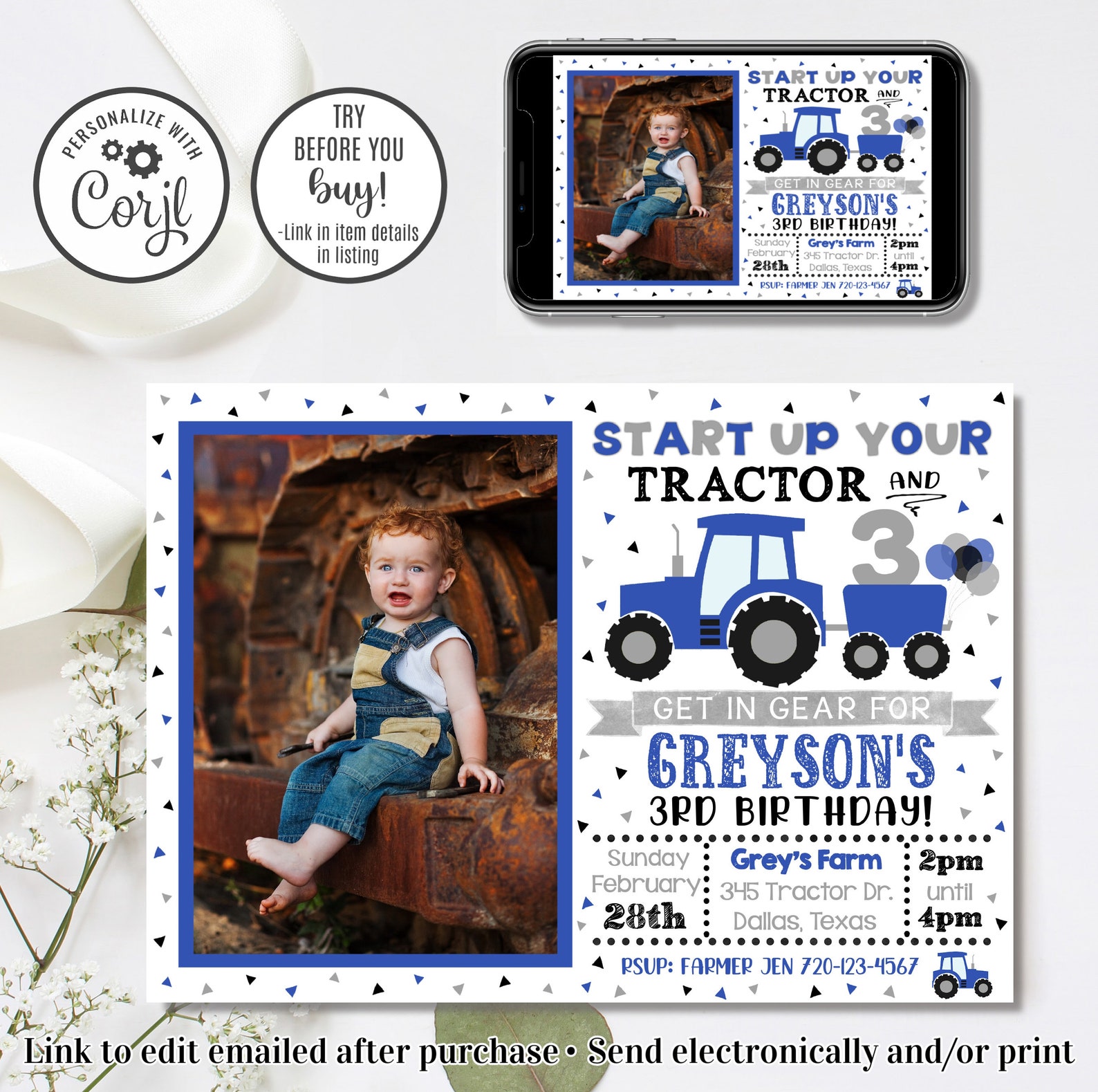 Editable Tractor Invitation, Tractor Birthday Invitation, Start Your ...