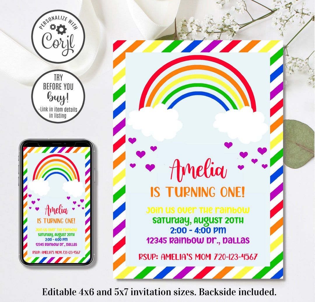 Editable Rainbow Invitation, Rainbow Birthday Invitation, Rainbow ...