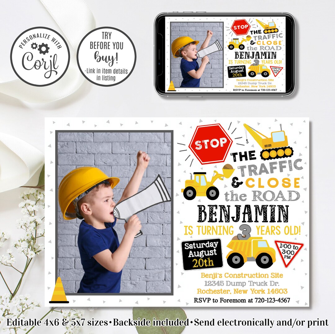 Editable Construction Invitation, Construction Birthday Invitation ...