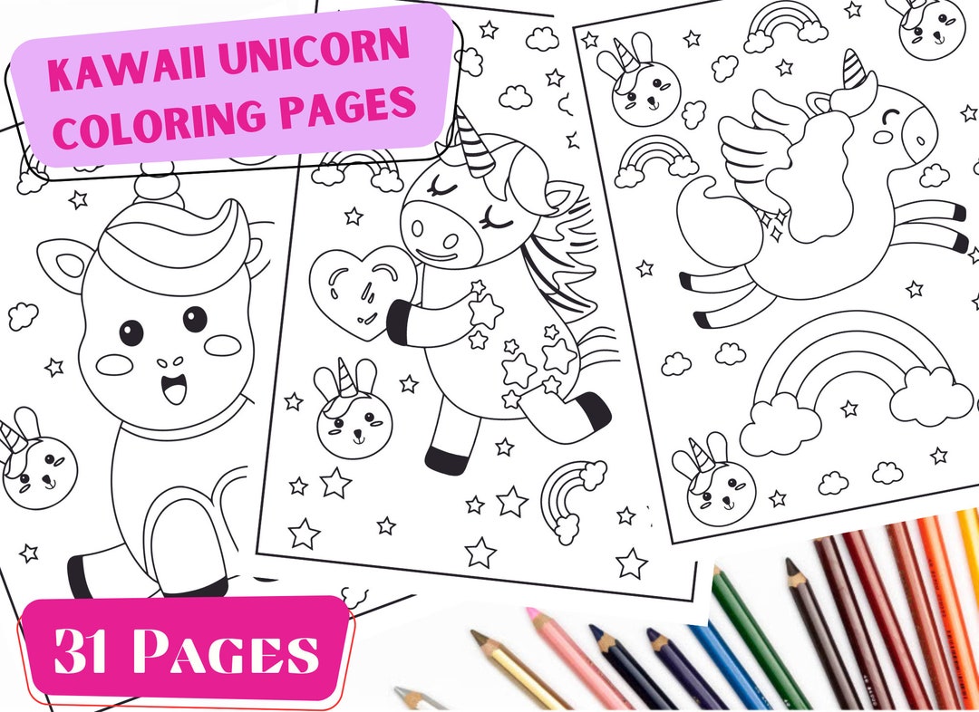 Digital Printable Kawaii Unicorn Kids Coloring Pages PDF | Unicorn Kids ...