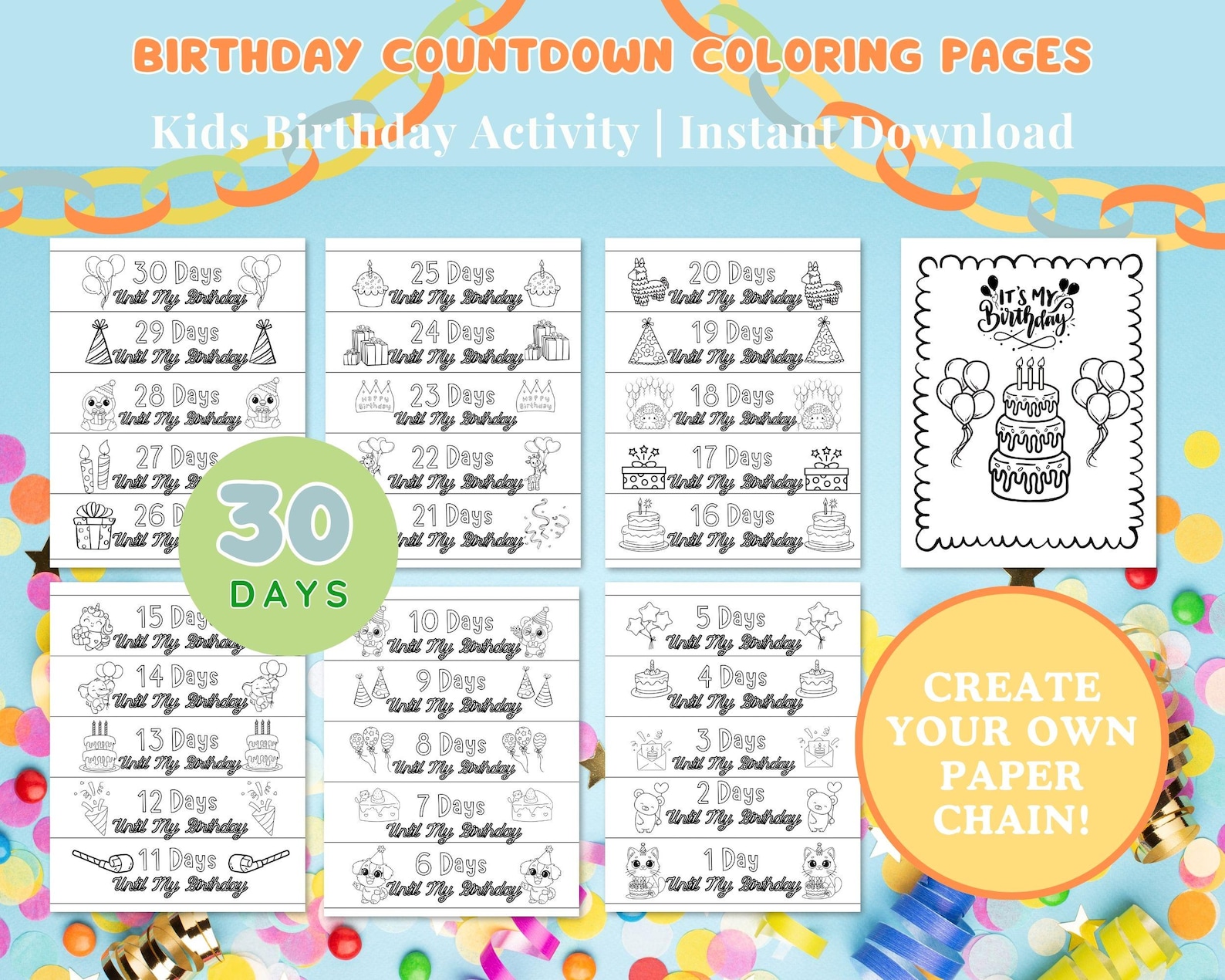 Birthday Countdown, Birthday Paper Chain, Printable Kids Countdown ...