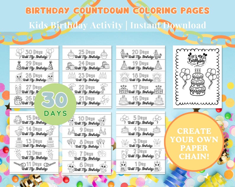 Birthday Countdown, Birthday Paper Chain, Printable Kids Countdown ...