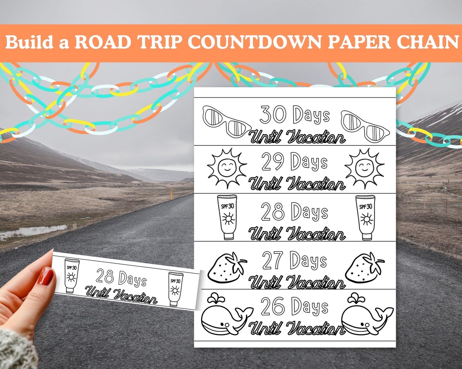 Road Trip Countdown, Coloring Paper Chain, Printable Countdown, Road ...