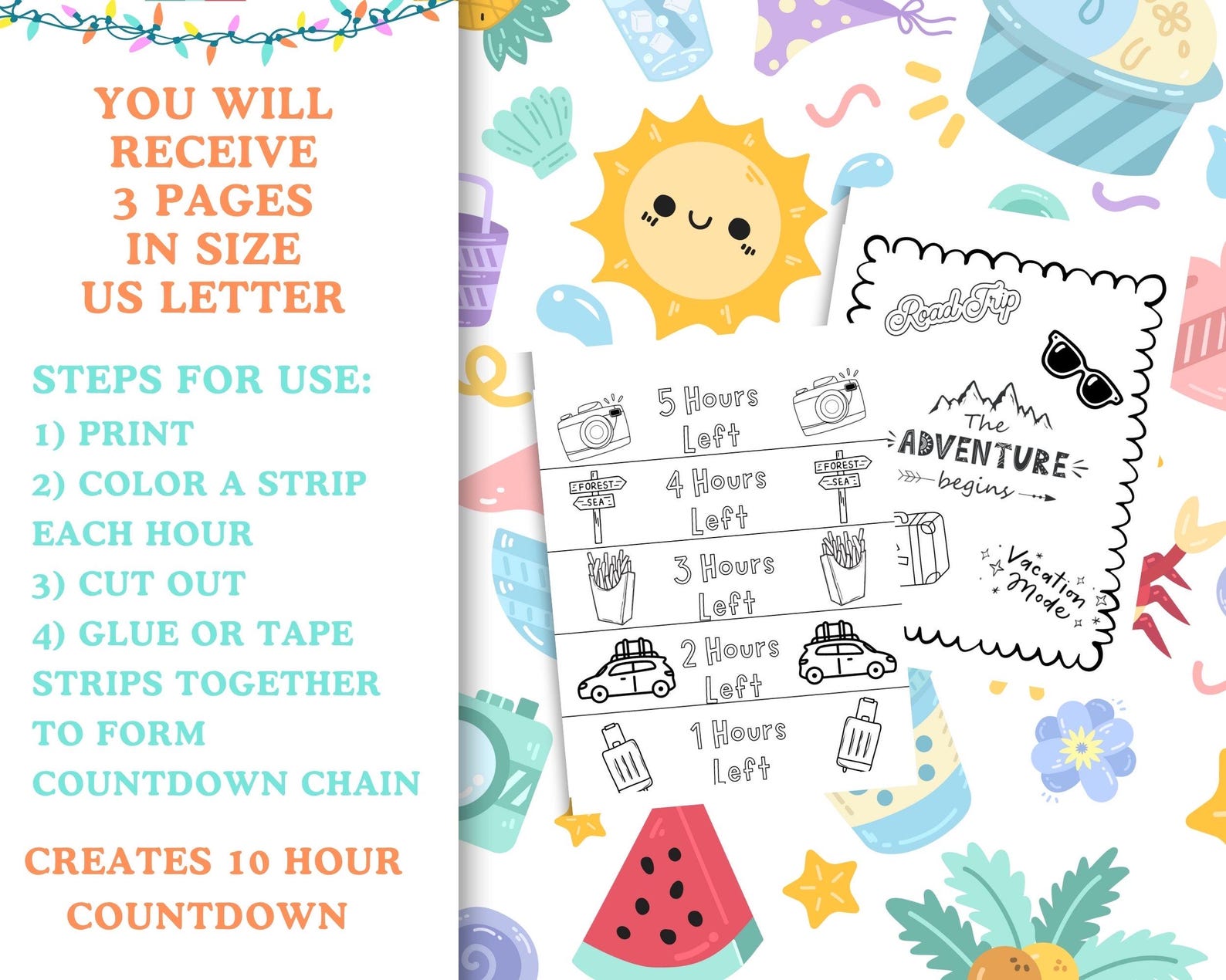 Road Trip Countdown, Coloring Paper Chain, Printable Countdown, Road ...