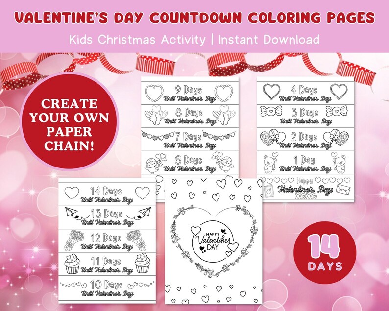 Valentine's Day Countdown, Paper Chain, Valentines Day Coloring Pages ...
