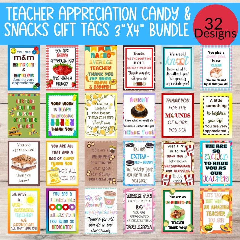 Teacher Appreciation Gift Tags Bundle: Candy & Snack Designs (digital ...