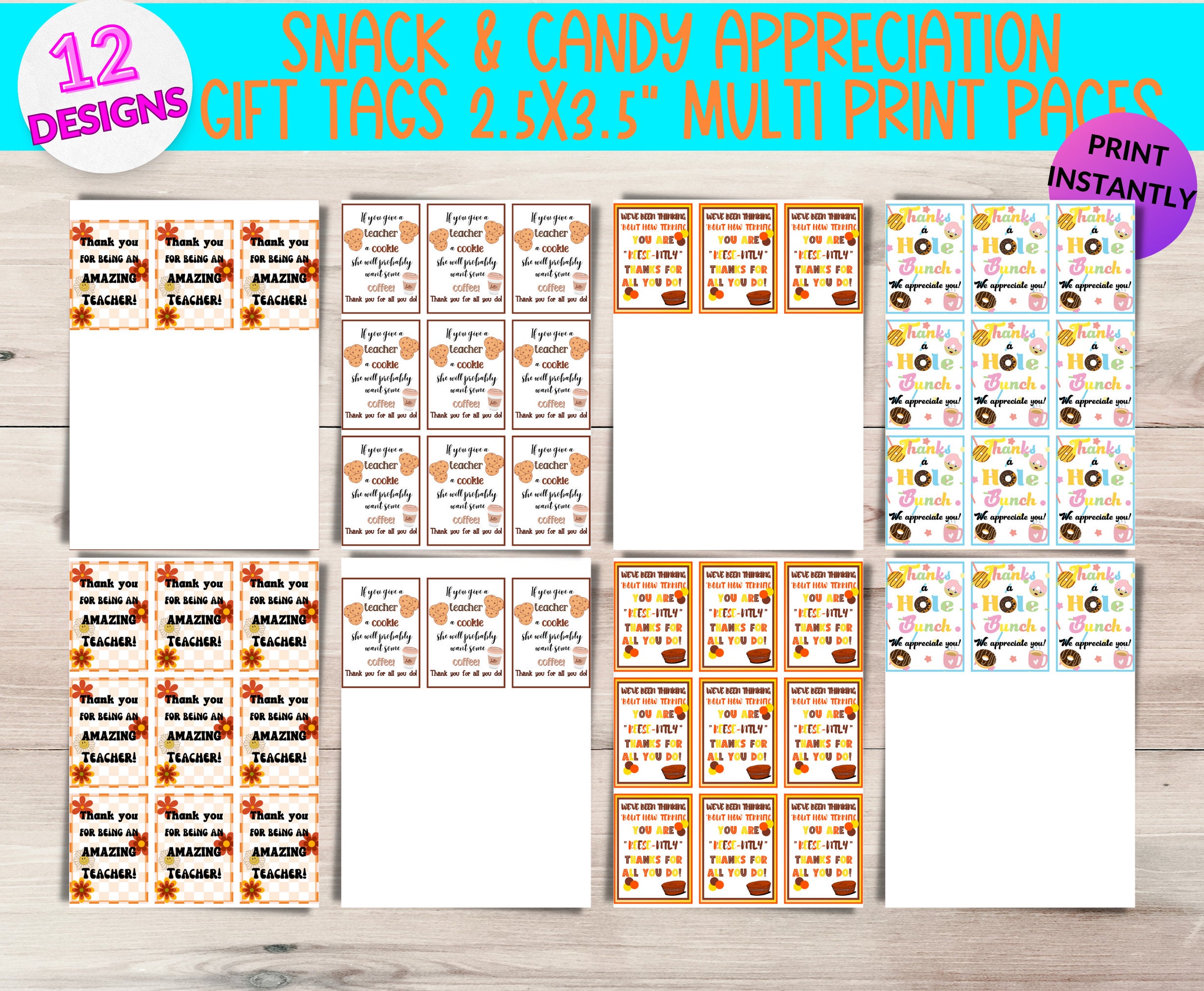 TEACHER STAFF & Candy APPRECIATION Gift Tags Bundlesnack and Treat Gift ...