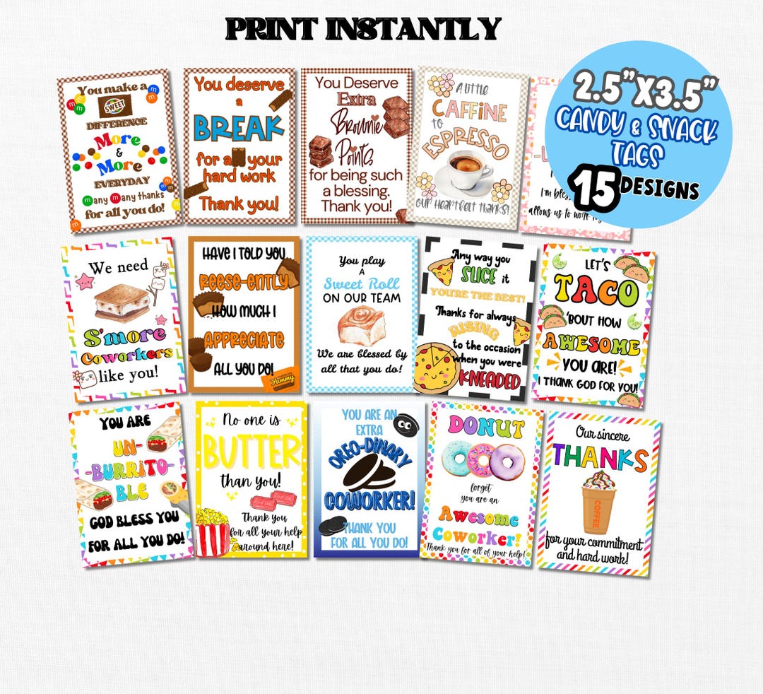 Snack Treat Appreciation Gift Tags Bundle: Teacher, Employee, Staff ...