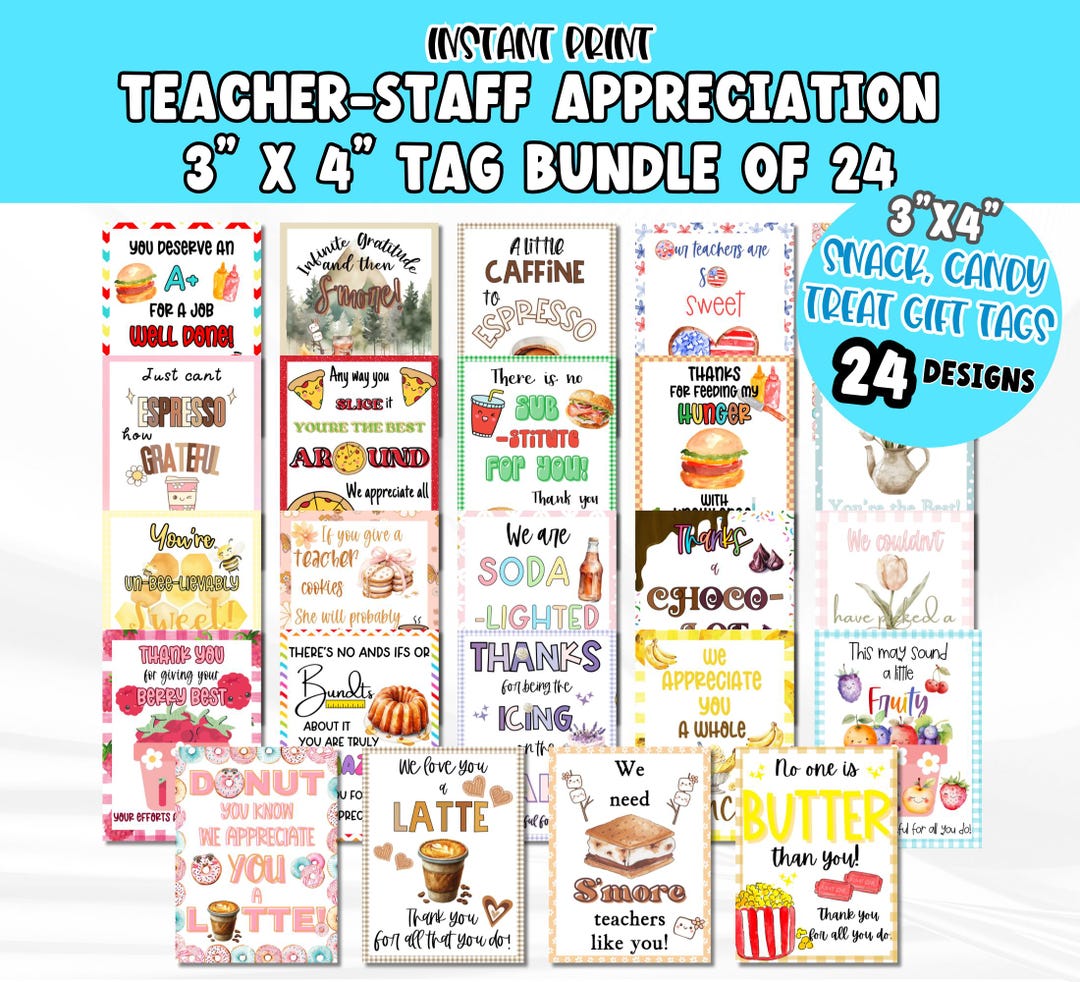 24 Staff & Candy APPRECIATION Gift Tags Bundle|teacher Appreciation ...