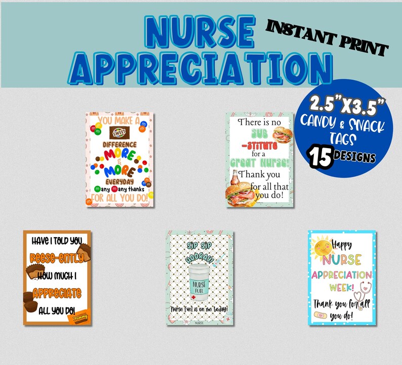 Nurse Appreciation Gift Tags Bundle: Candy & Snack, 15 Designs (digital ...