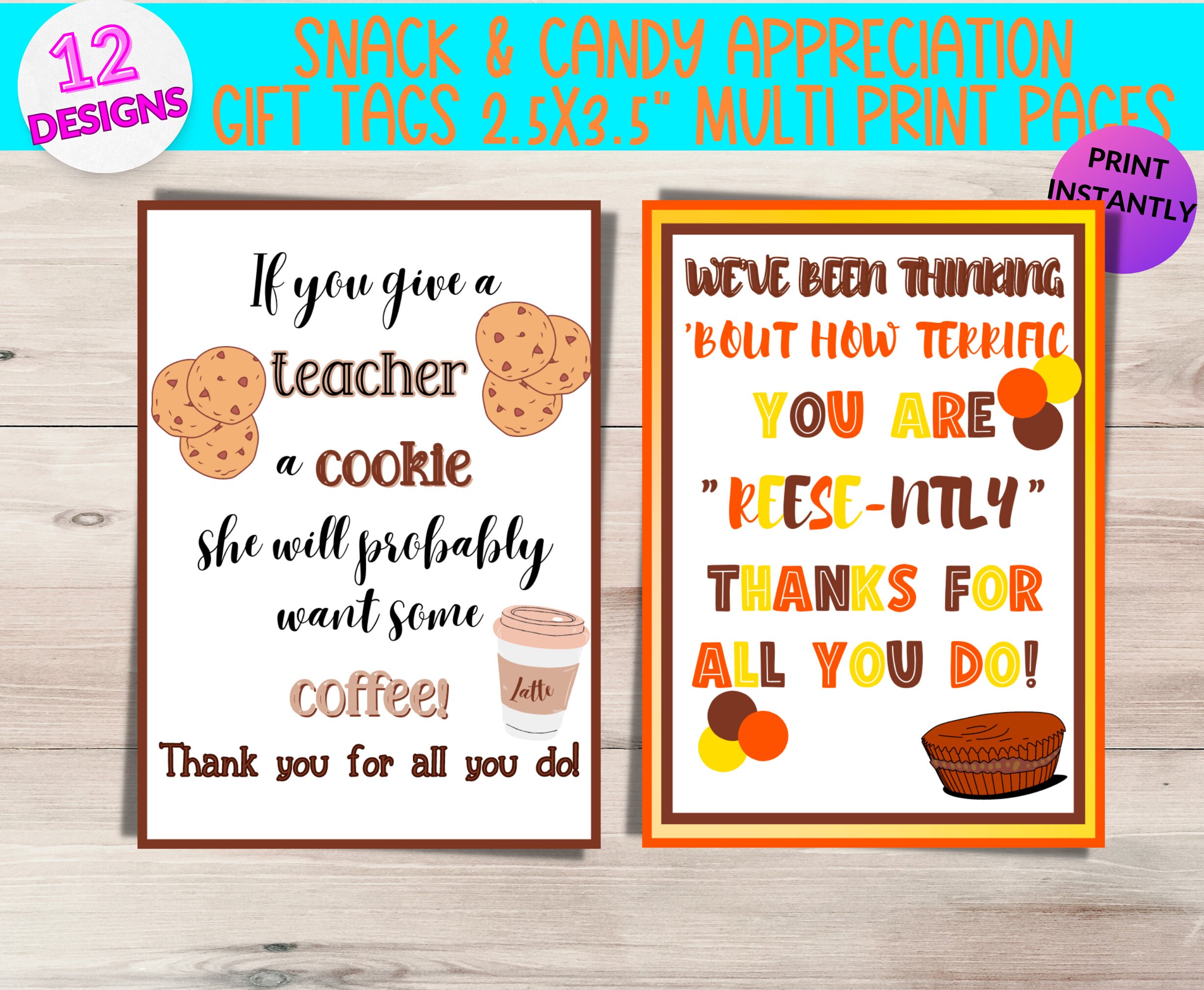 TEACHER STAFF & Candy APPRECIATION Gift Tags Bundlesnack and Treat Gift ...