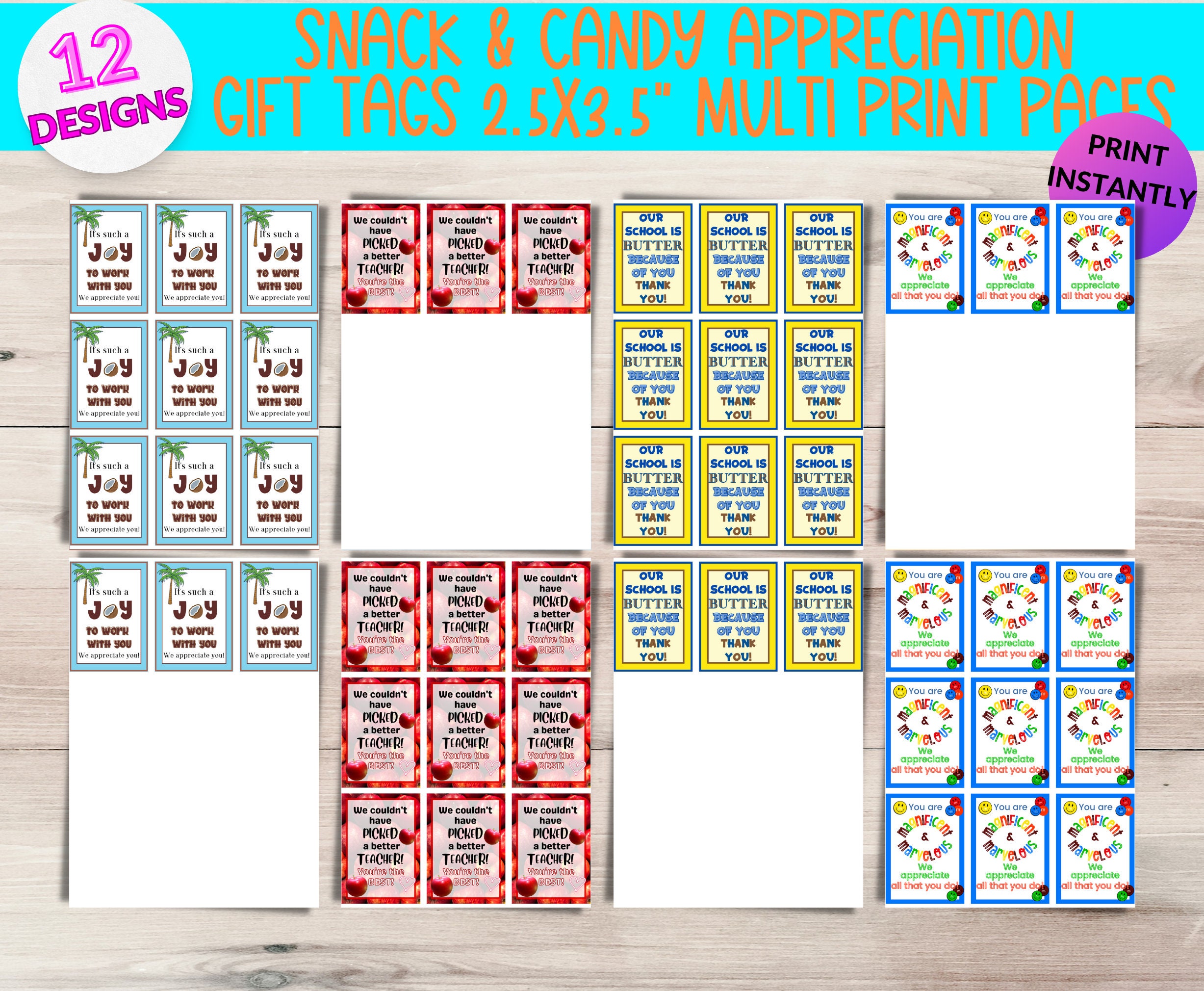 TEACHER STAFF & Candy APPRECIATION Gift Tags Bundlesnack and Treat Gift ...