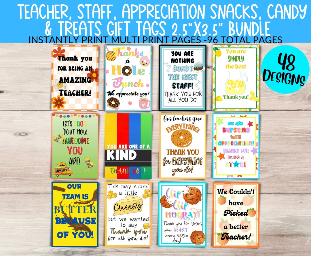 48 CANDY & SNACKS APPRECIATION Gift Tags| Bundle|teacher, Staff Tag ...