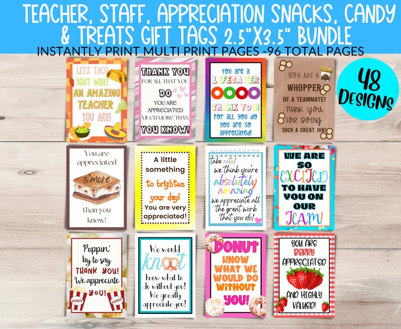 Candy & Snacks Appreciation Gift Tags Bundle: Teacher, Staff, Employee ...