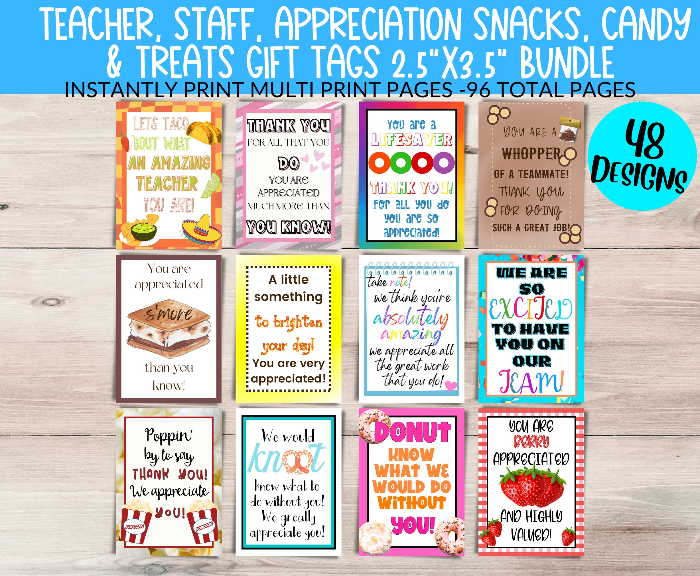 48 CANDY & SNACKS APPRECIATION Gift Tags| Bundle|teacher, Staff Tag ...